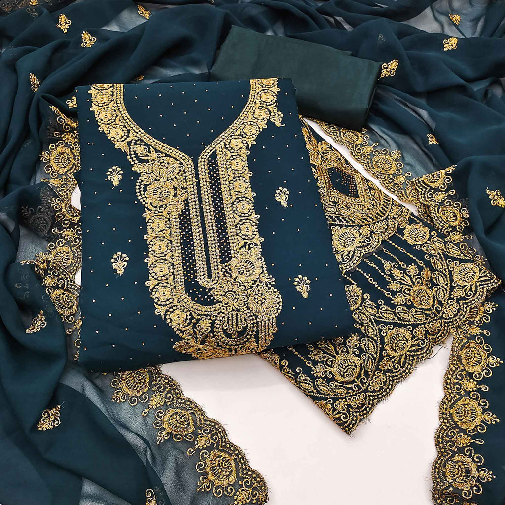 Morpich Blue Embroidered With Swarovski Work Georgette Dress Material