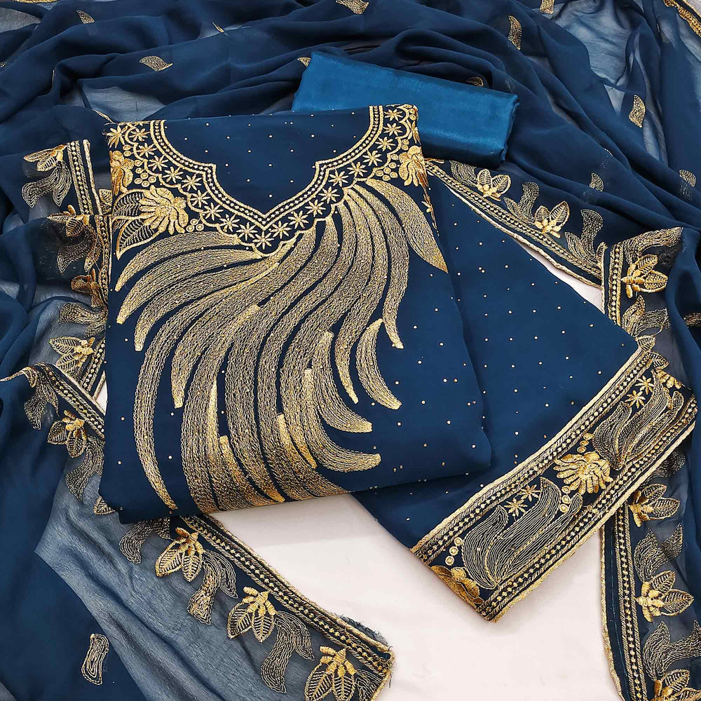A Mesmerizing Creation Morpich Blue Floral Embroidery With Stone Work