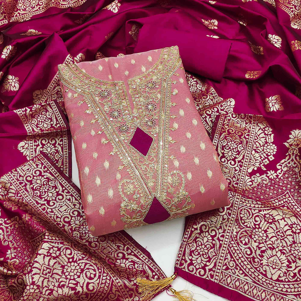 Gajari Pink Woven Banarasi Silk Dress Material With Intricate Cording