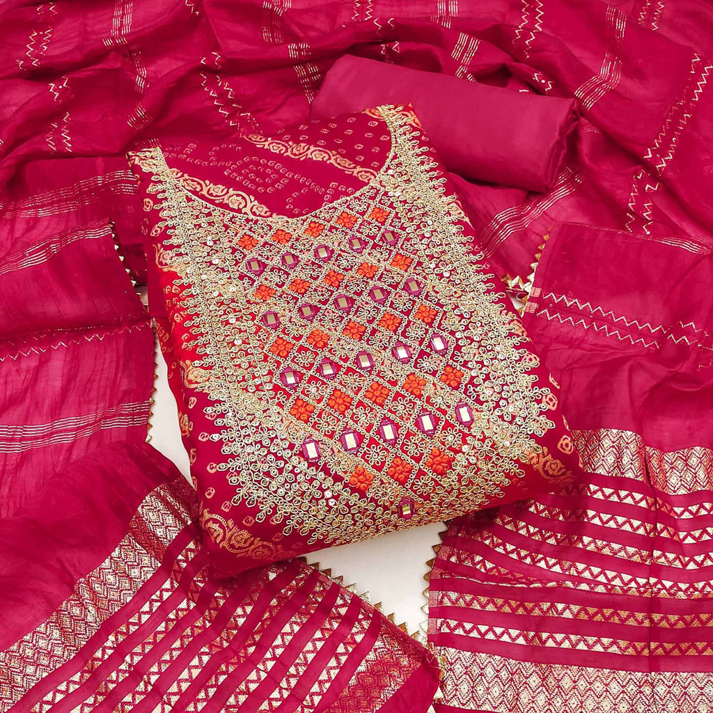 Rani Pink Bandhani Print On Roman Chanderi Silk With Cording & Sequins