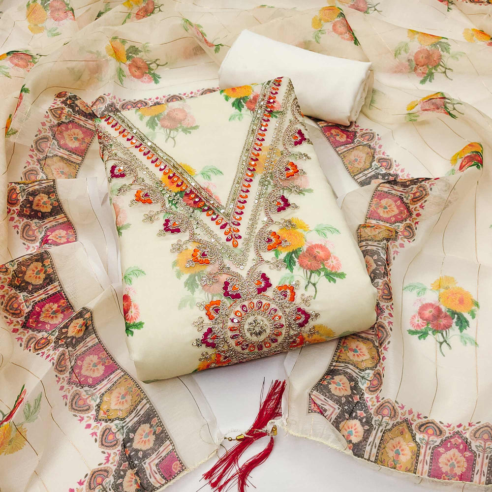 Cream Floral Digital Print Dress Material With Sequins & Cording Embro
