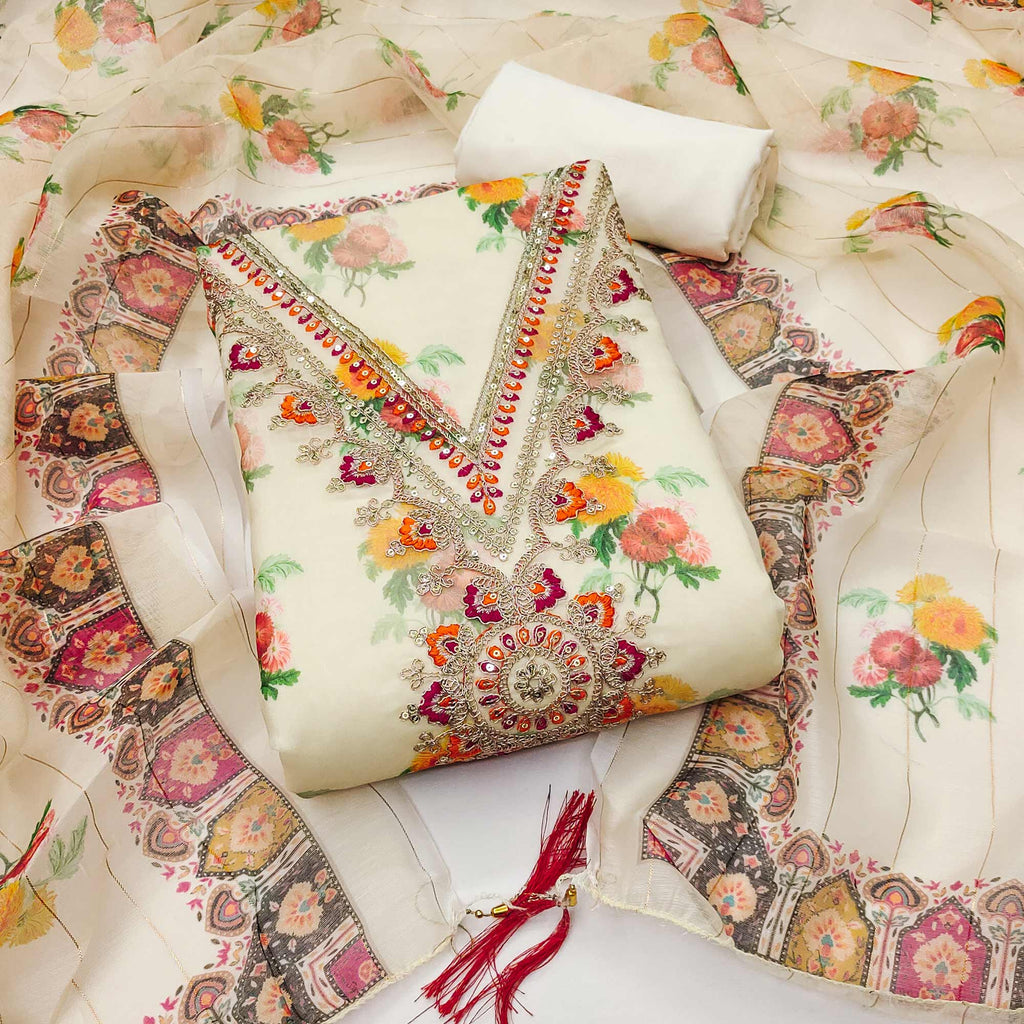 Cream Floral Digital Print Dress Material With Sequins & Cording Embro