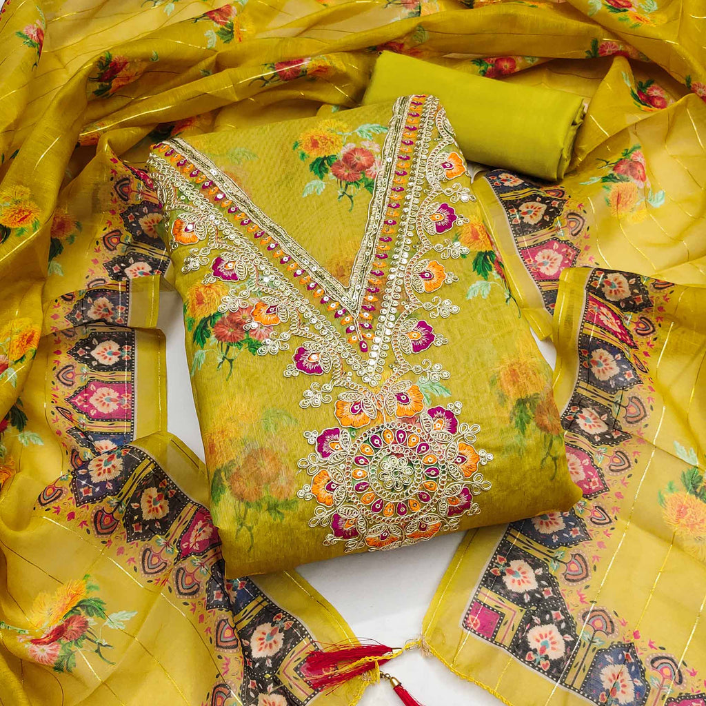 Mustard Floral Digital Print Dress Material With Sequins & Cording Emb