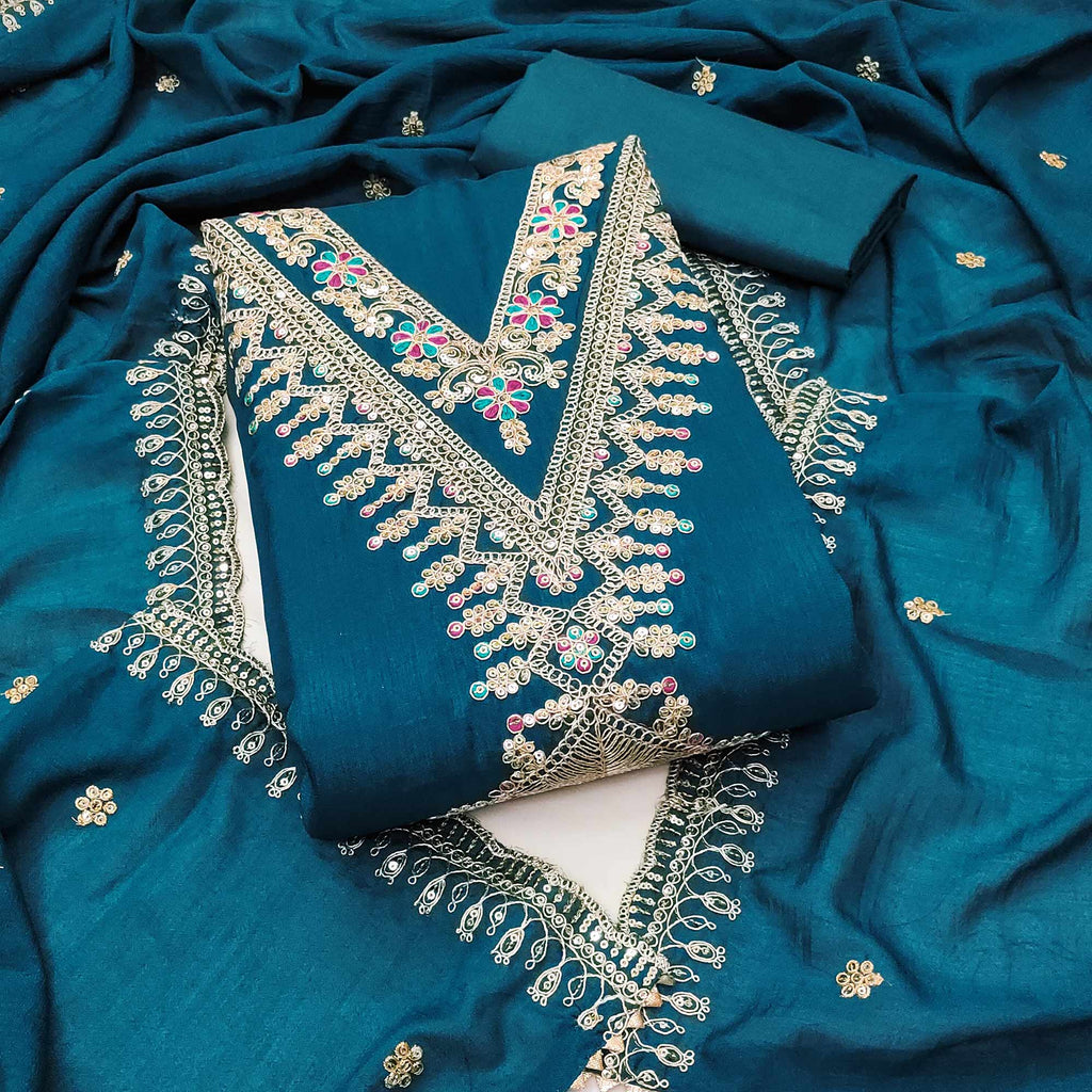 Morpich Blue Floral Printed Vichitra Silk Dress Material With Sequins