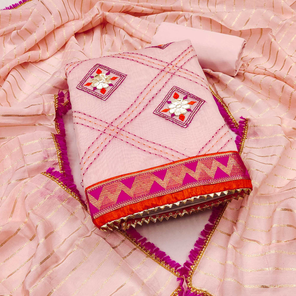 Peach Chanderi Dress Material Featuring Gota Patti Work & Delicate Flo