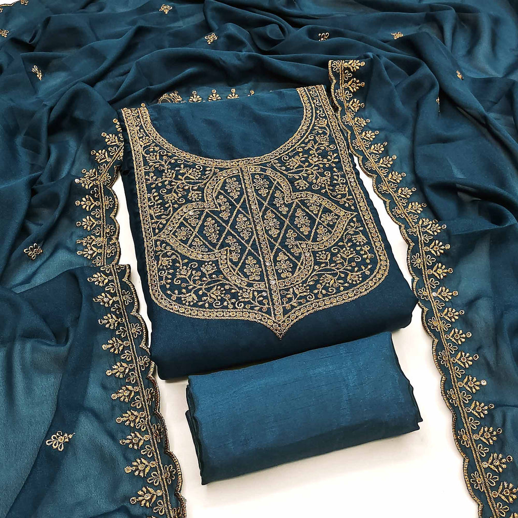 Morpich Blue Georgette Dress Material With Sparkling Sequins & Zari Fl