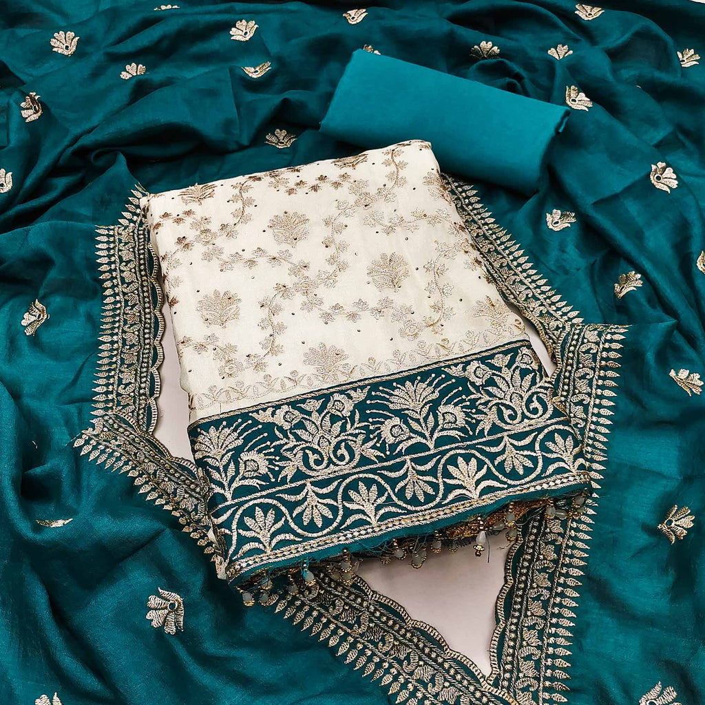 Offwhite & Rama Vichitra Silk Dress Material With Intricate Floral Zar