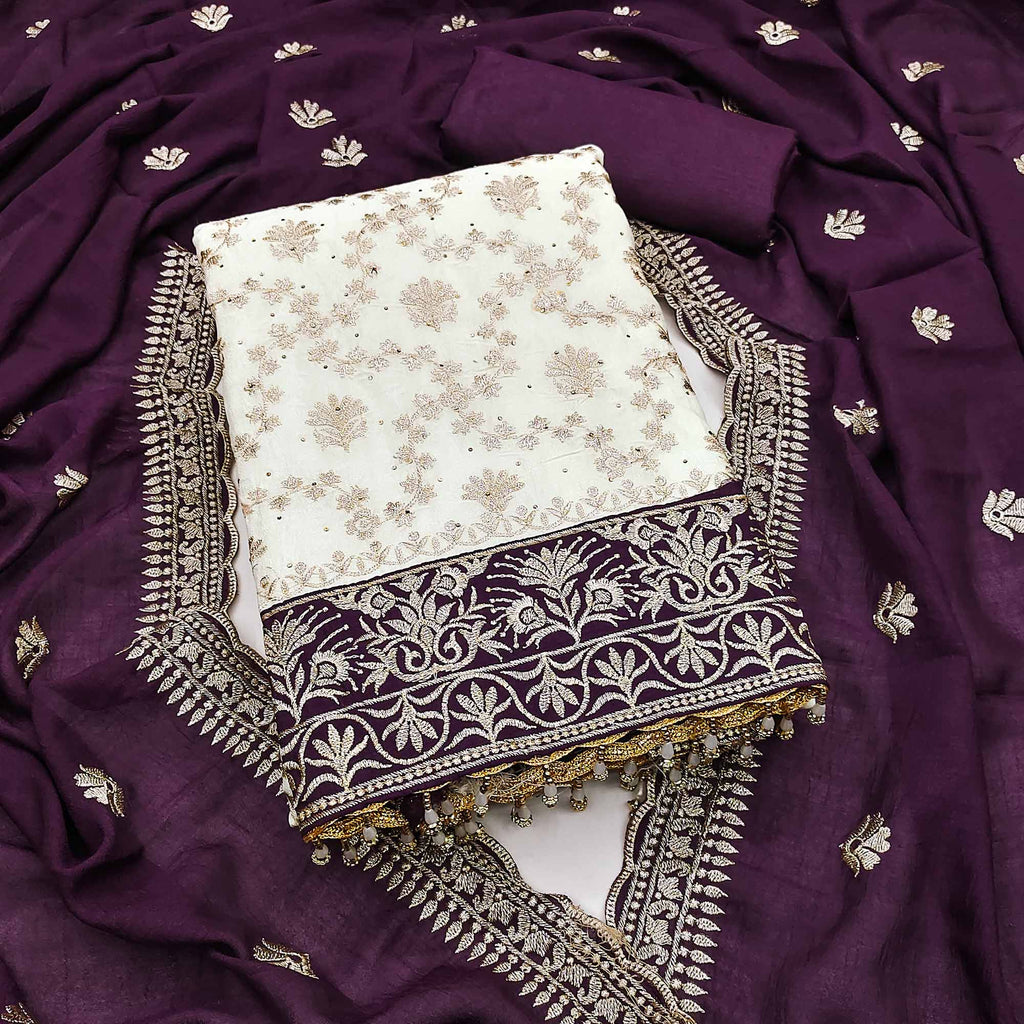 Offwhite & Wine Vichitra Silk Dress Material With Intricate Floral Zar