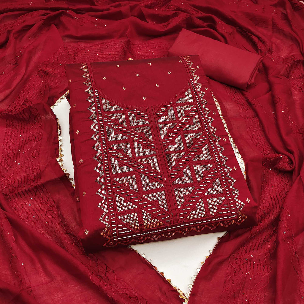 Maroon Sequins Embroidered Dress Material Crafted On Rich Chanderi Sil