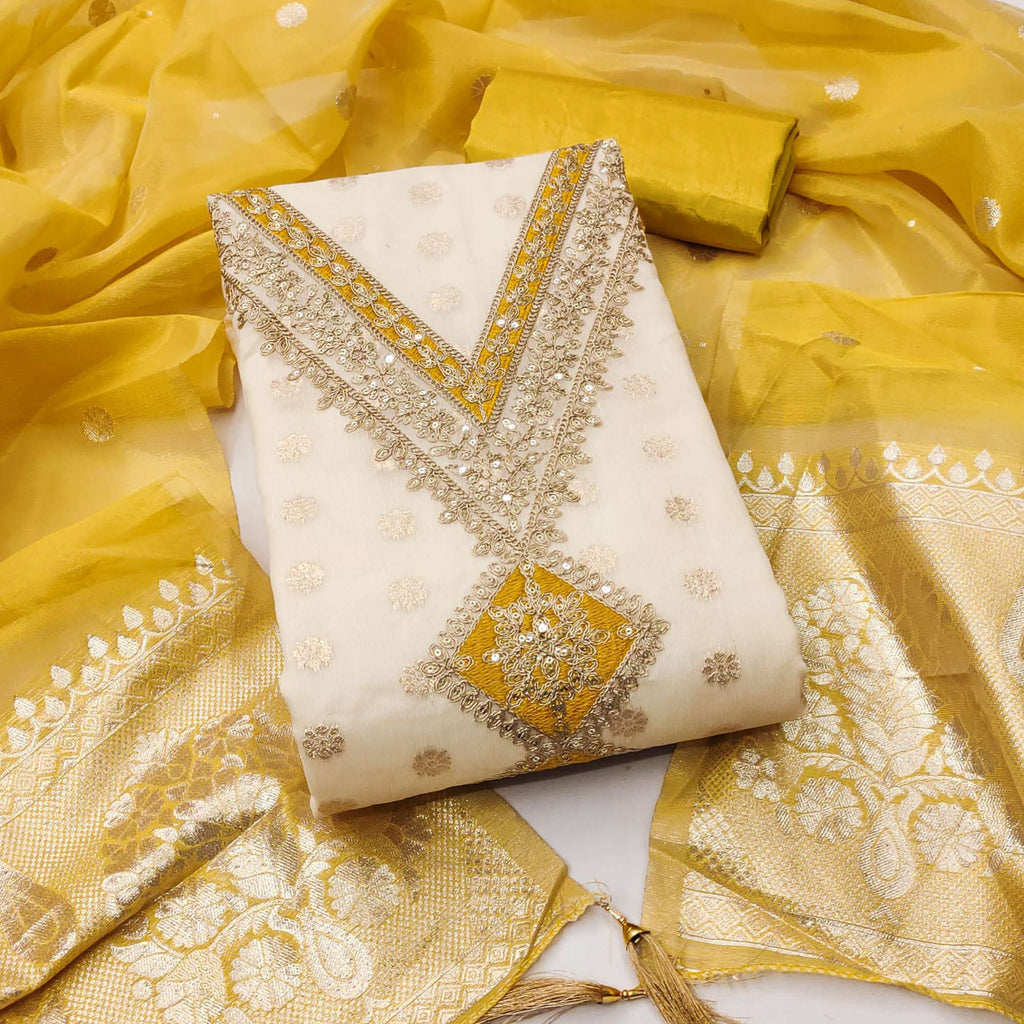 Cream & Yellow Shimmer Featuring Floral Butti Weaving With Cording Emb