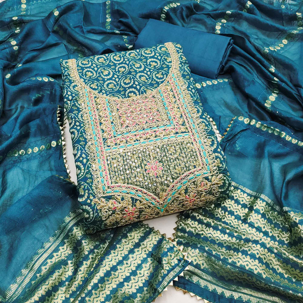 Elegant Morpich Blue Chanderi Silk Dress Material With Floral Print