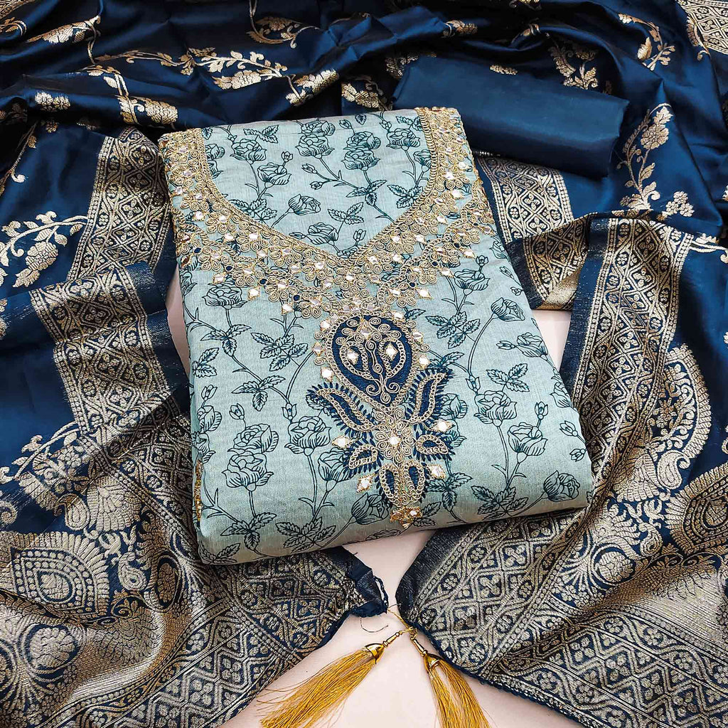 Blue Chanderi Silk Dress Material Featuring Floral Print & Cording Emb