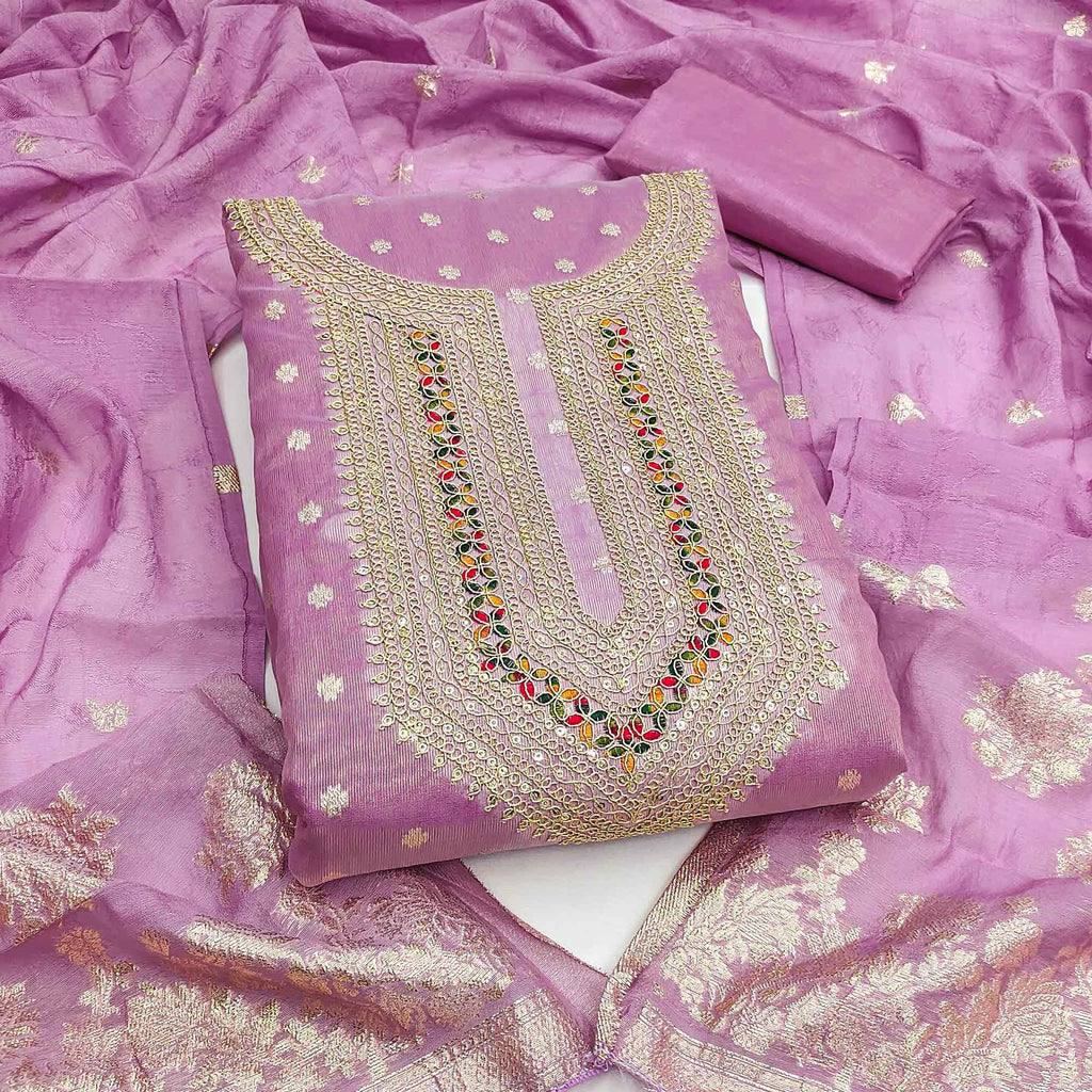 Exclusive Lavender Floral Butti Weaving Shimmer Silk Dress Material Wi