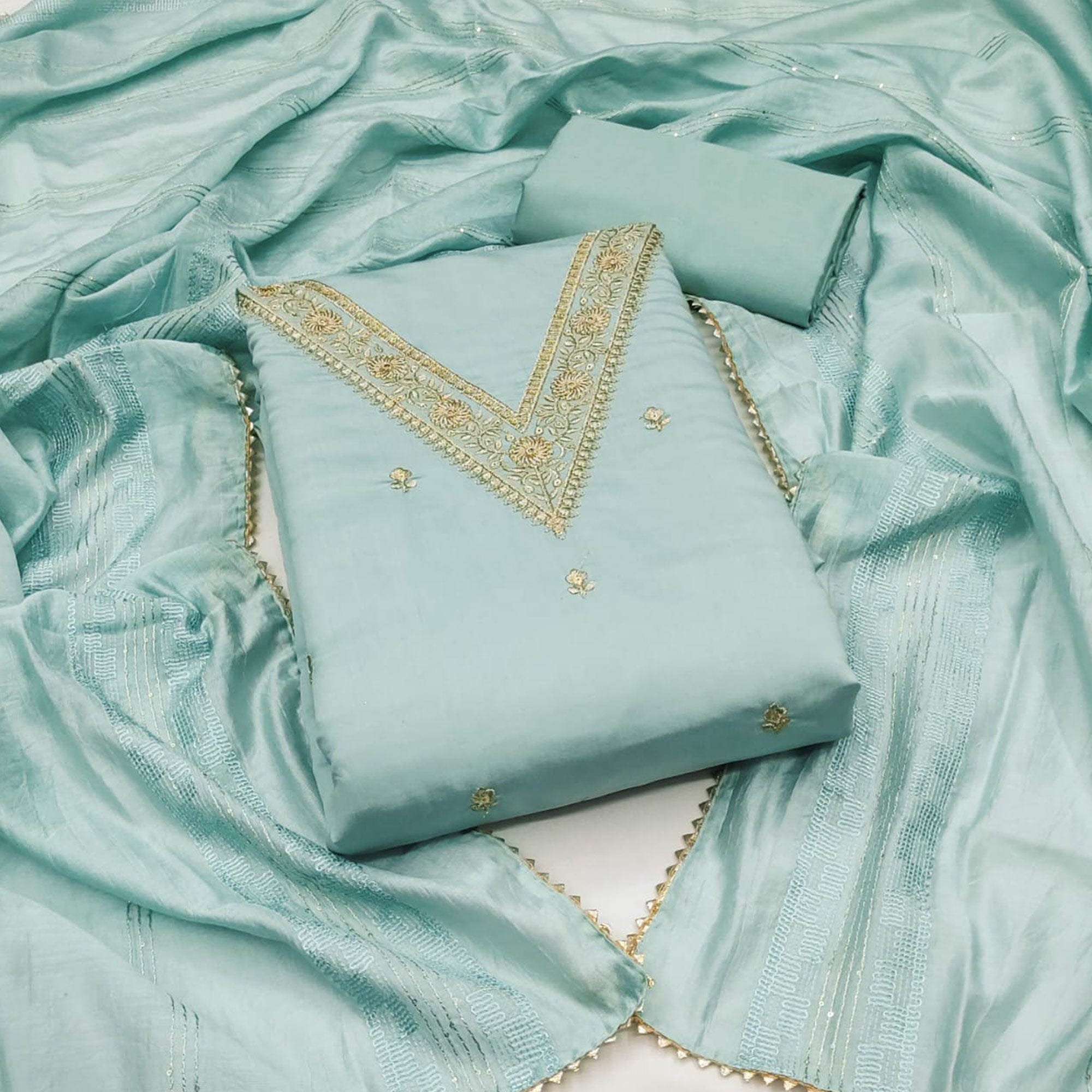 Blue Floral Embroidered Art Silk Dress Material