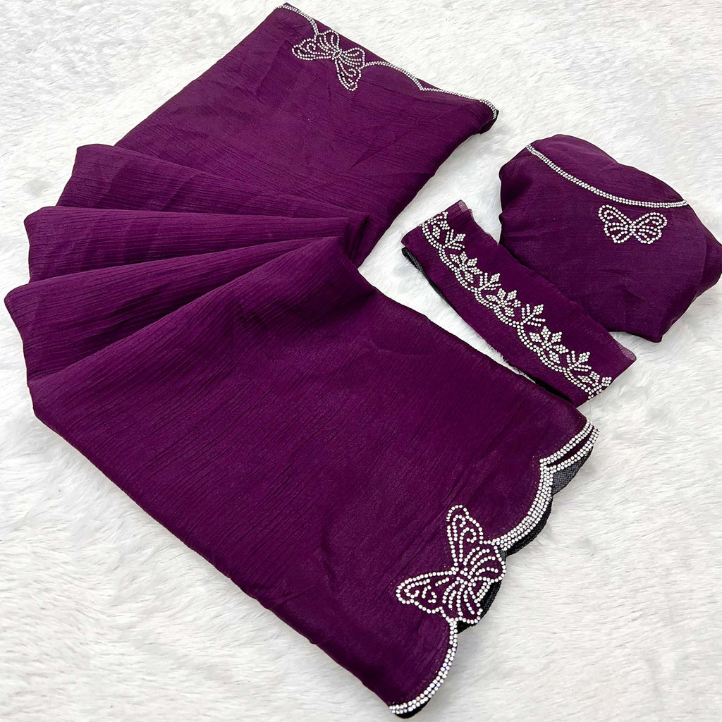 Purple Stone Work Embroidered Chinon Saree