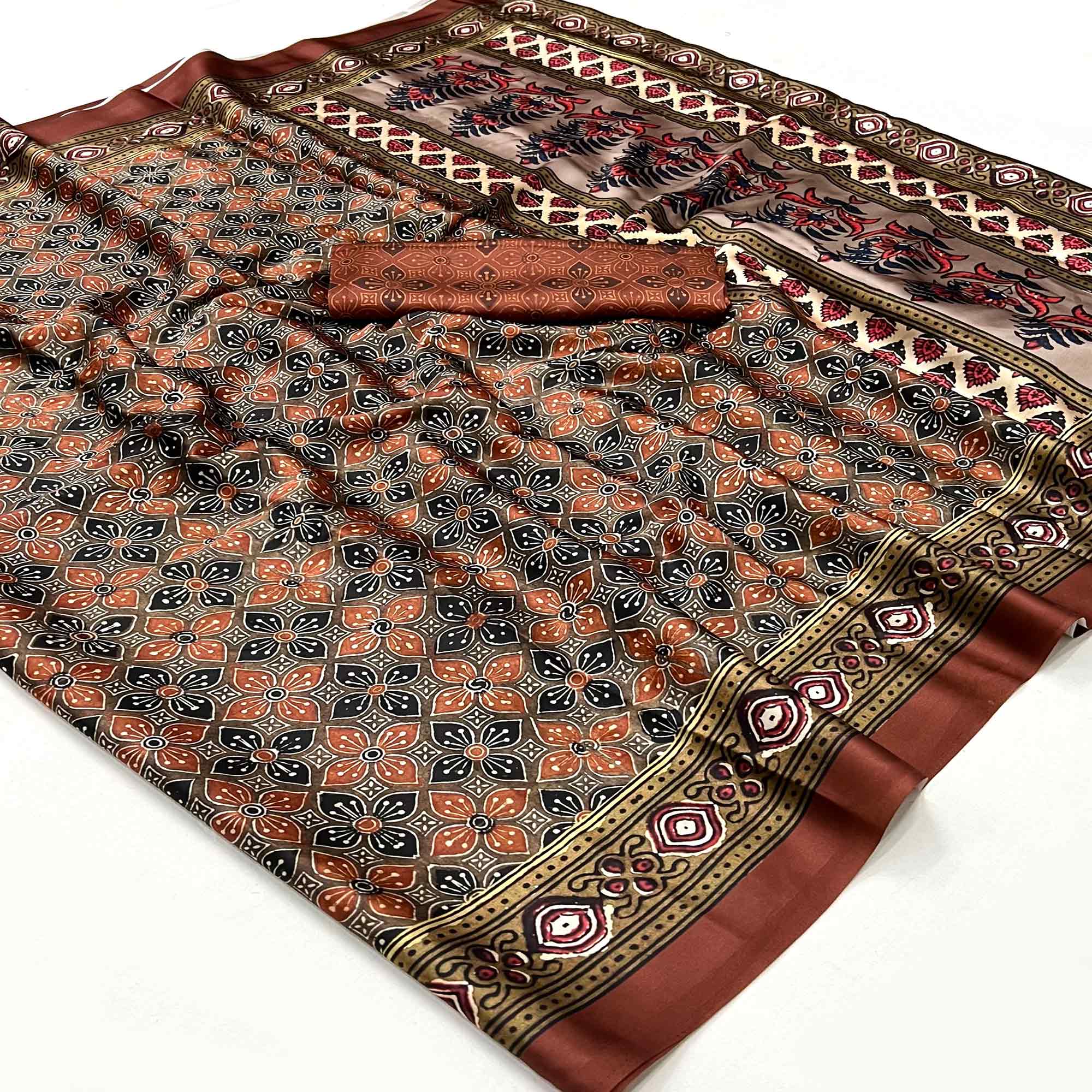 Rust Digital Printed Crepe Saree