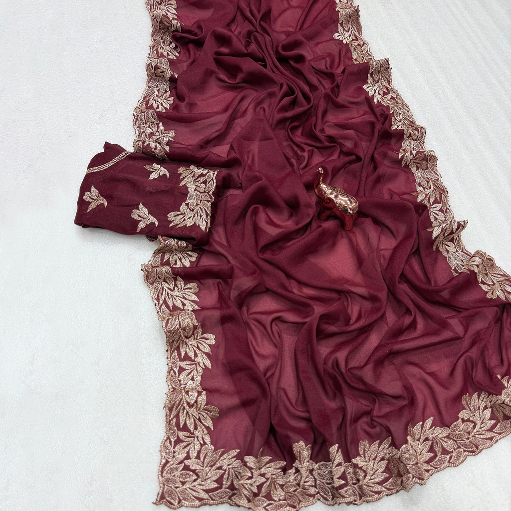 Stylish Maroon Star Chiffon Saree with Traditional Zari Embellished Bo