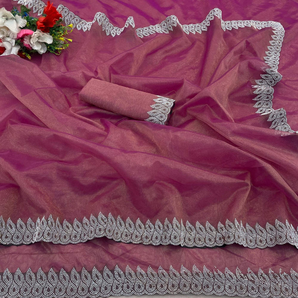 Pink Stone Work Embroidered Twill Gold Net Saree