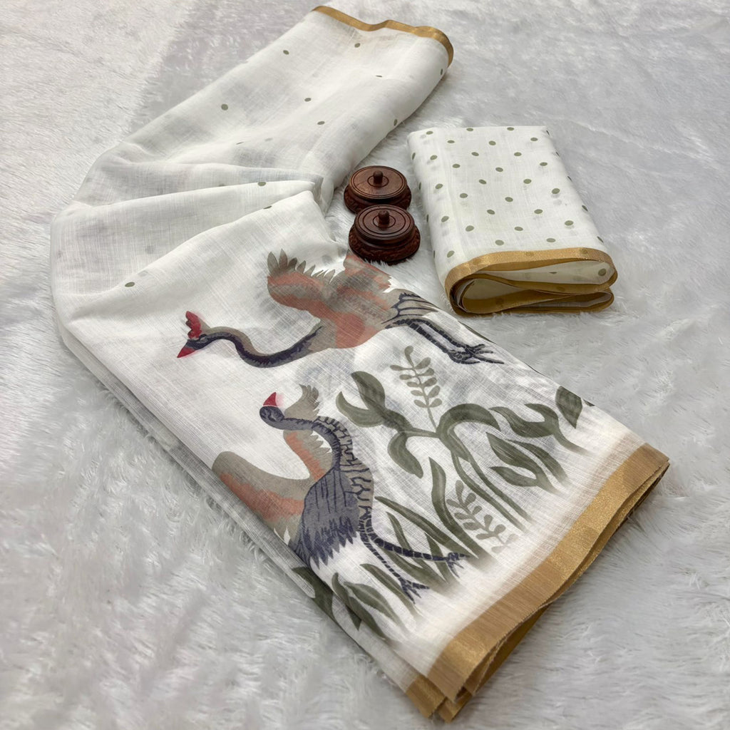 Off White Pure Linen Saree Showcasing Handprinted Patterns and Zari Fi