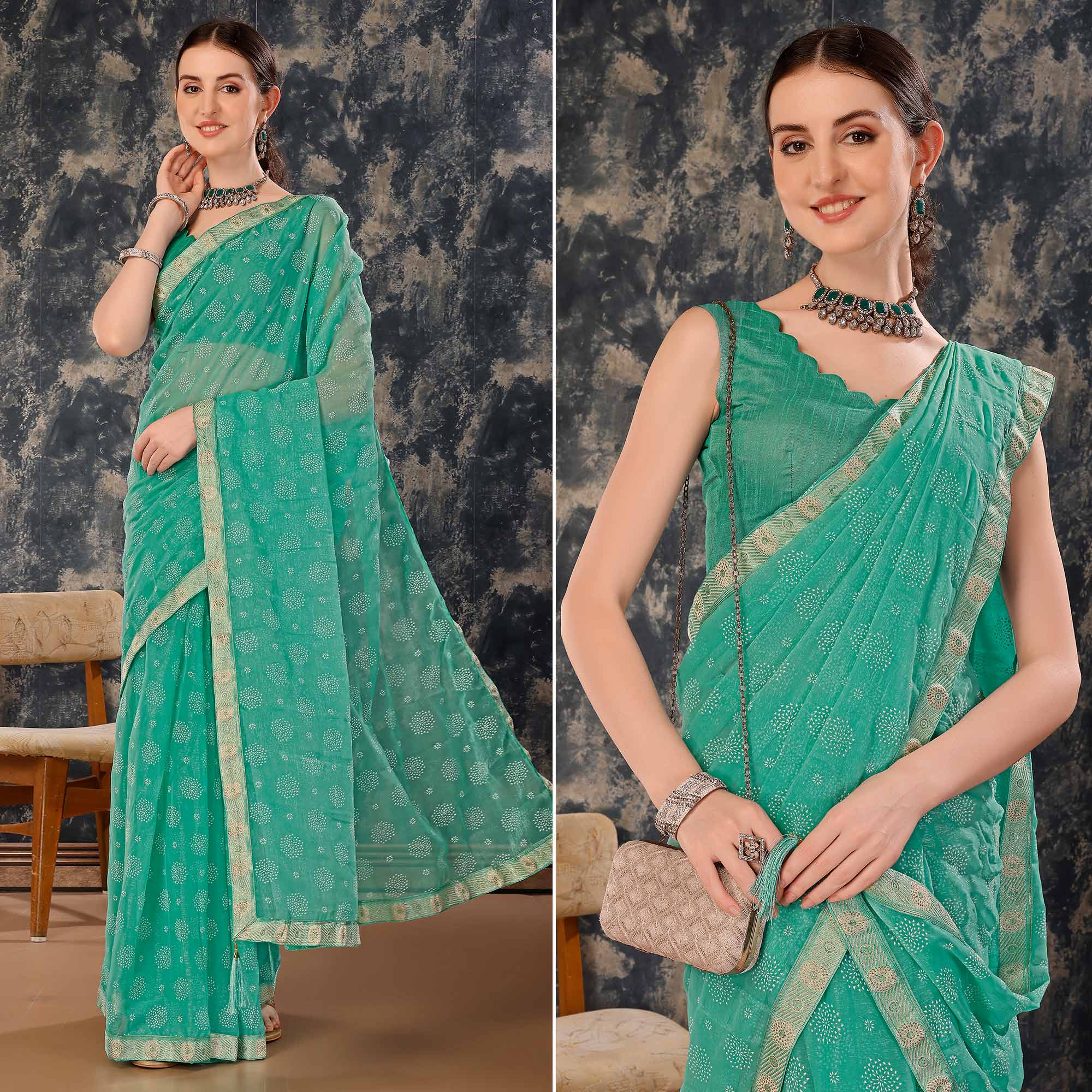 Turquoise Printed Chiffon Saree With Lace Border