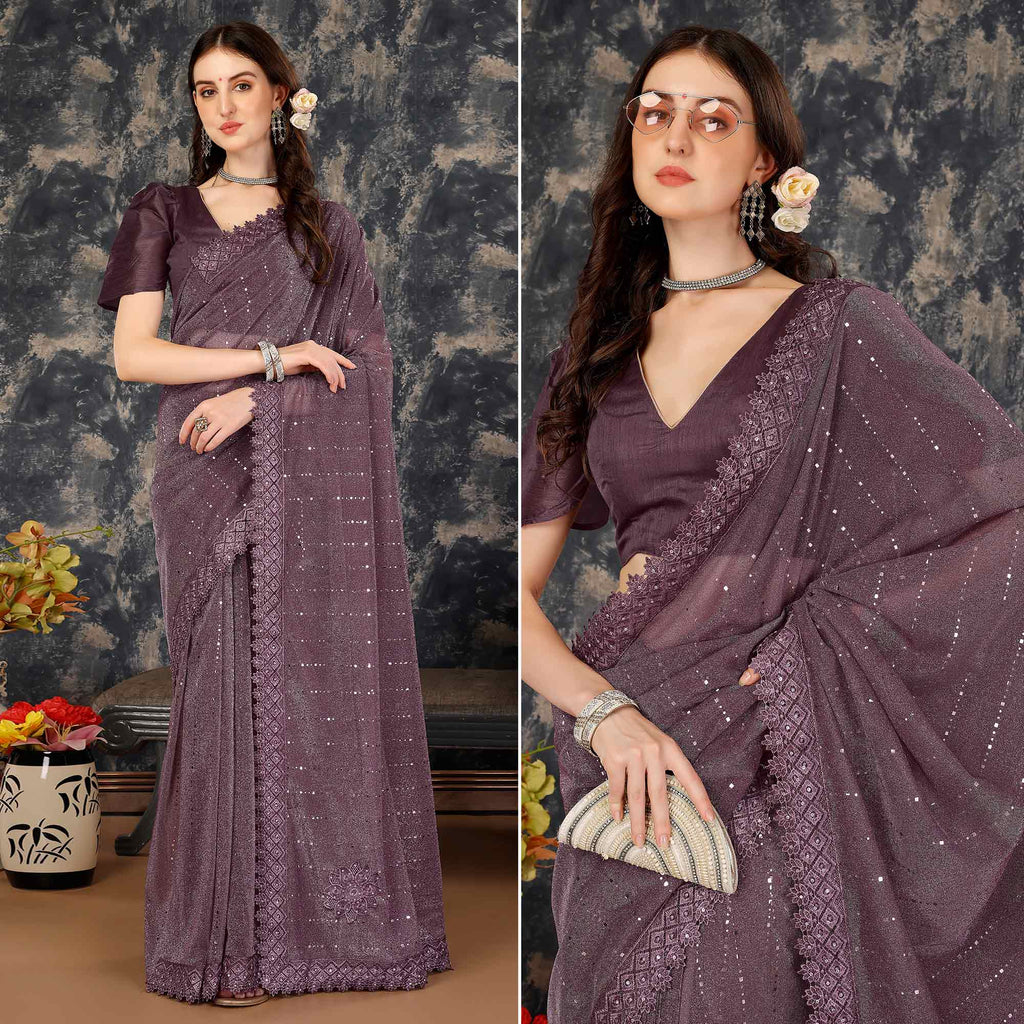 Grape Purple Tikali With Floral Embroidered Lycra Saree