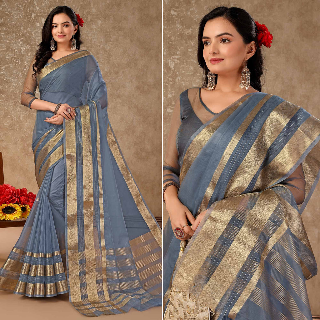 Grey Floral Zari Woven Organza Saree