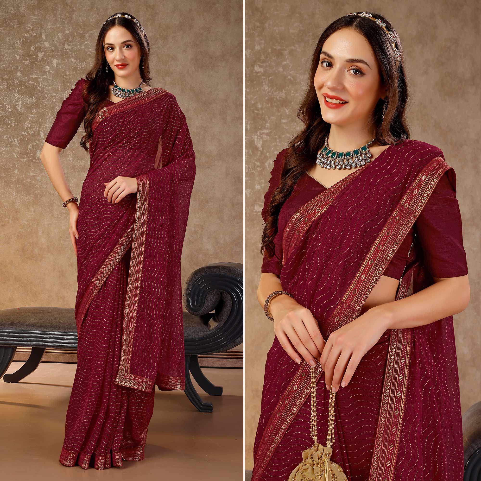 Maroon Zari Embroidery Chiffon Saree With Lace Border
