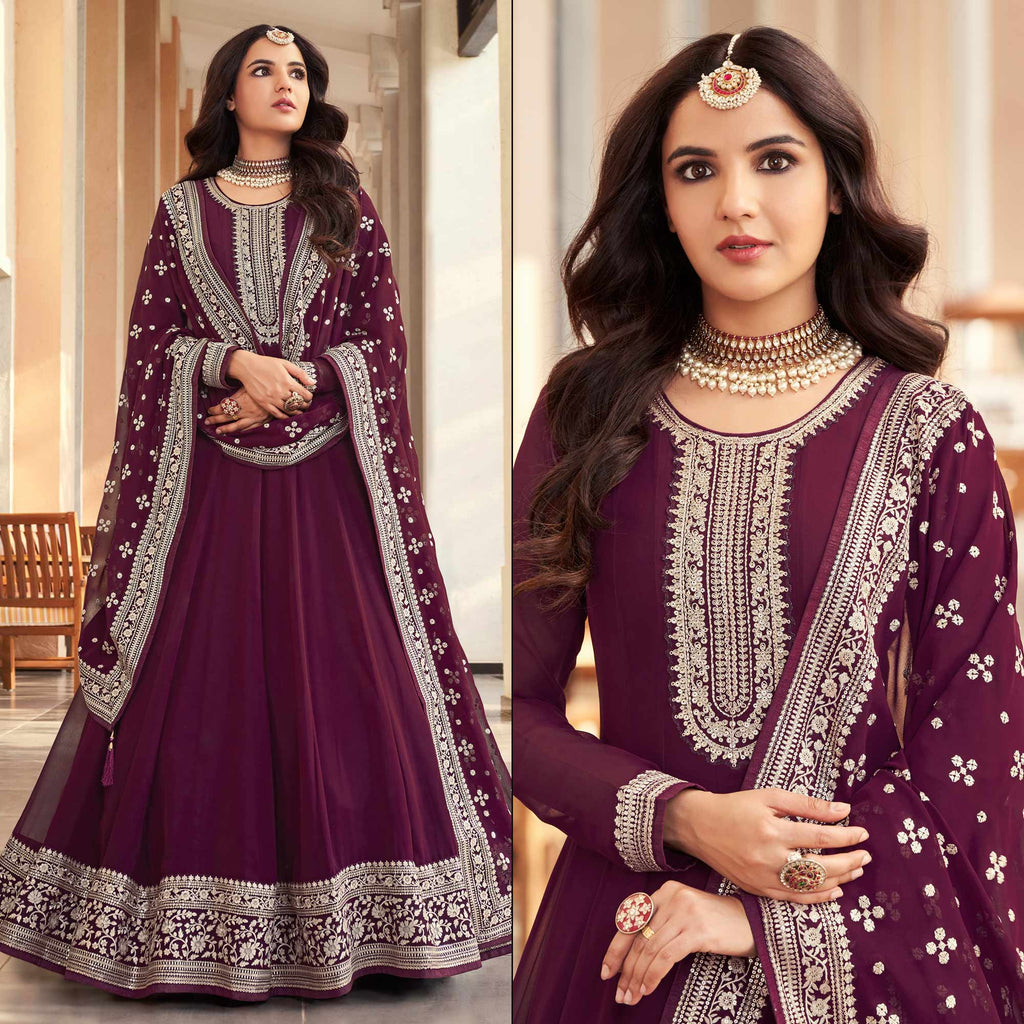 Wine Sequins Embroidered Georgette Semi Stitched Anarkali Suit