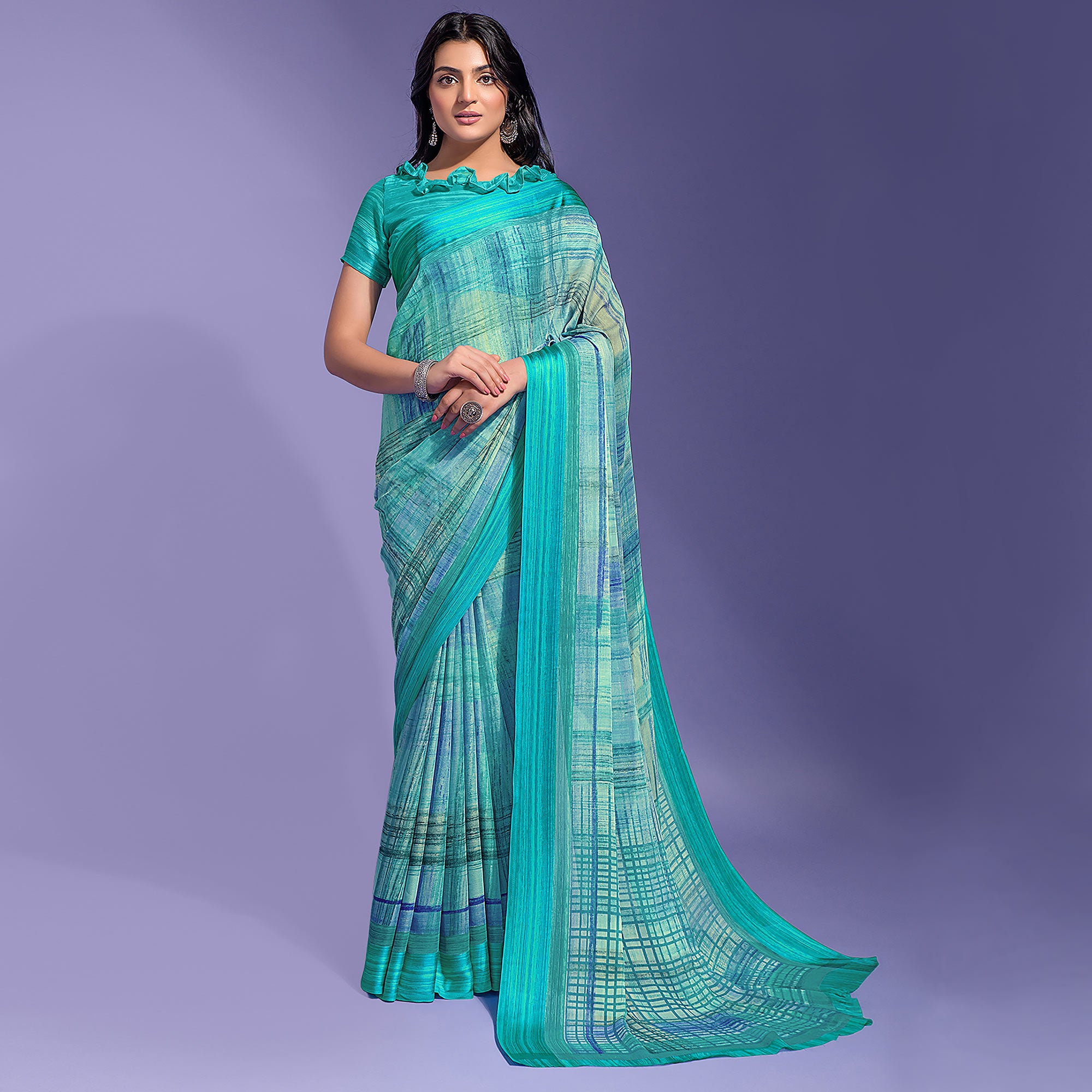 Turquoise Printed Chiffon Saree