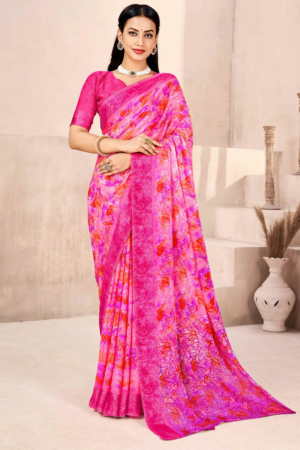 Rani Pink Chiffon Saree With Delicate Floral Prints & Elegant Woven Bo