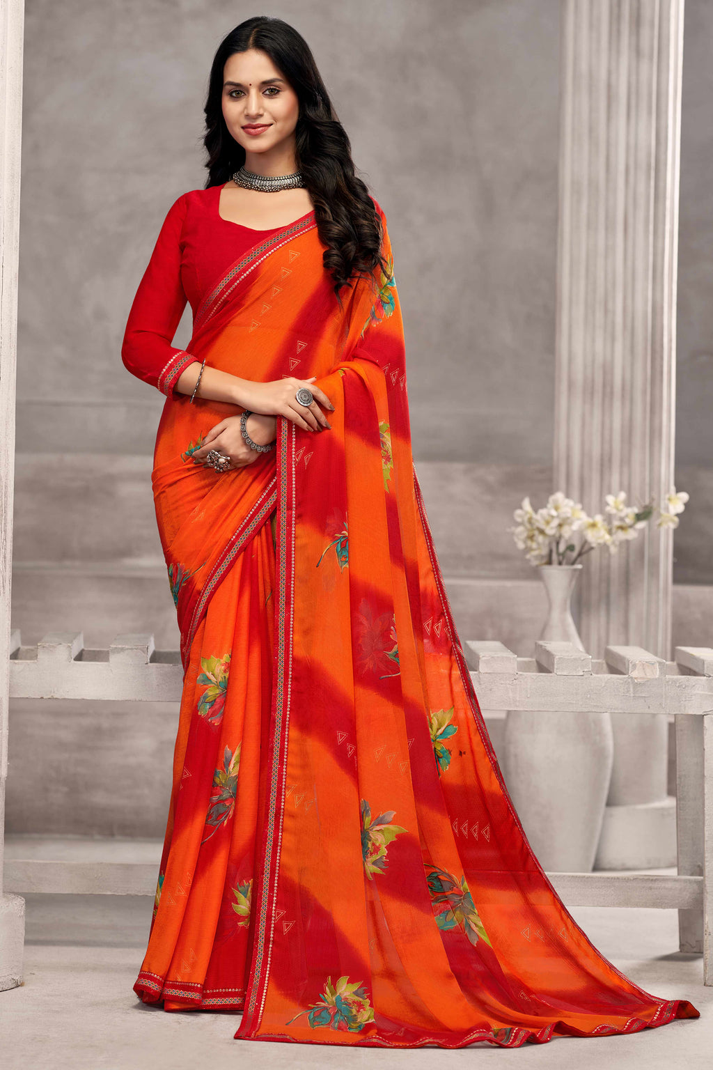 Refreshing Orange & Red Chiffon Saree Featuring Digital Print & Gracef