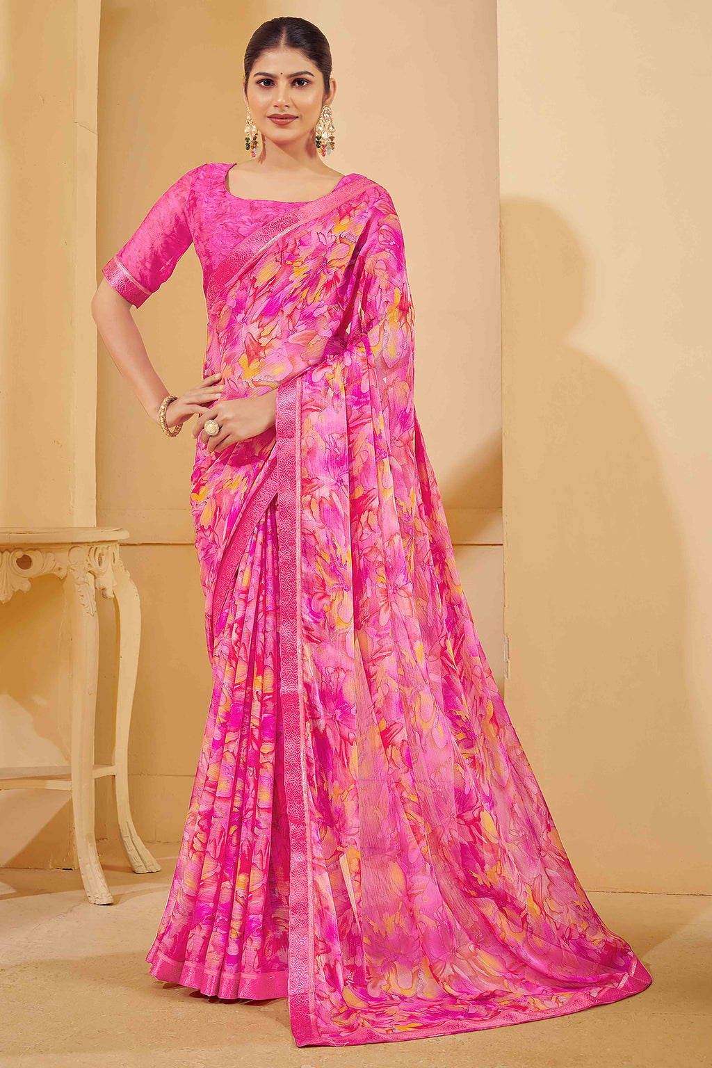 Rani Pink Chiffon Saree Adorned With Artistic Floral Print & Finely Cr