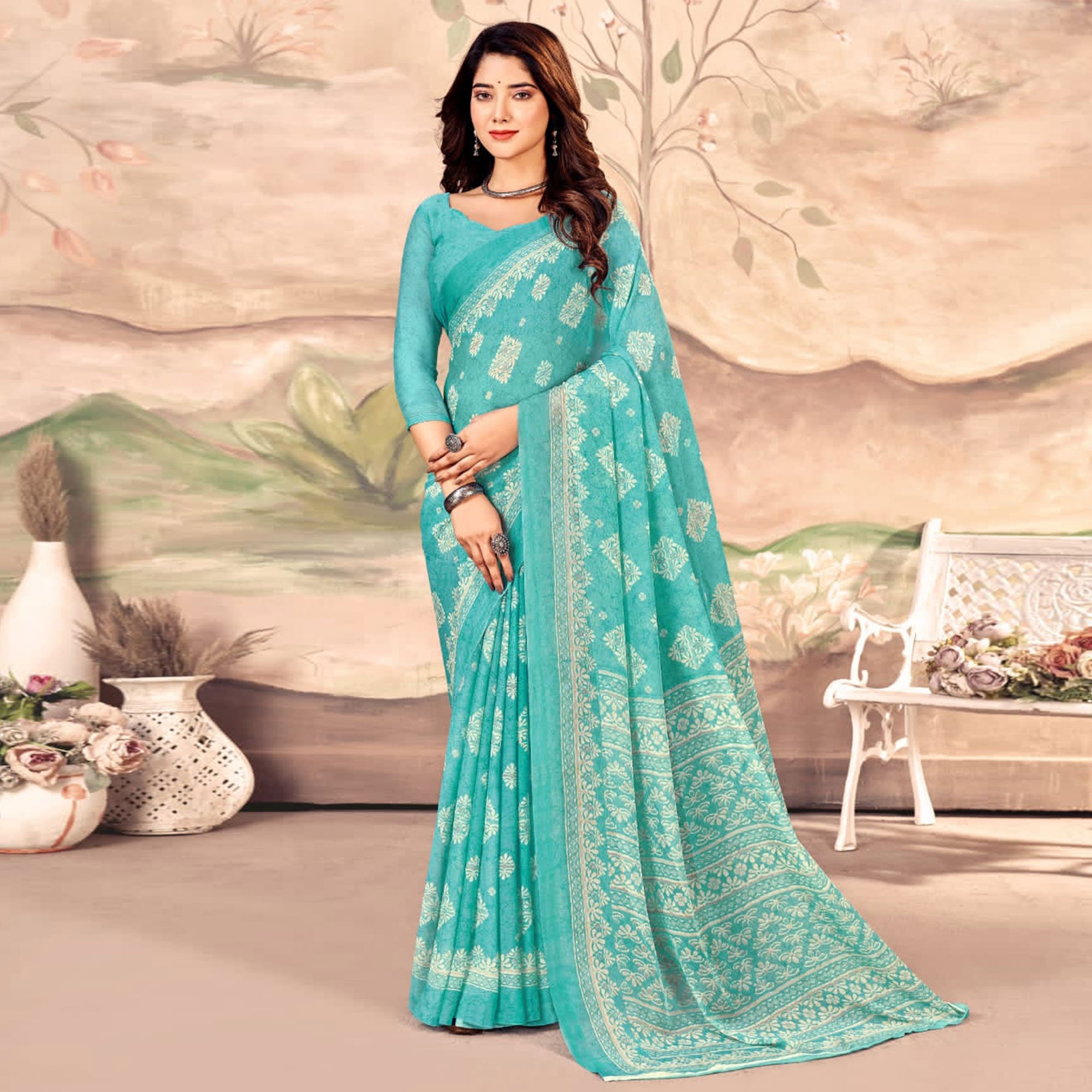 Turquoise Floral Printed Chiffon Saree