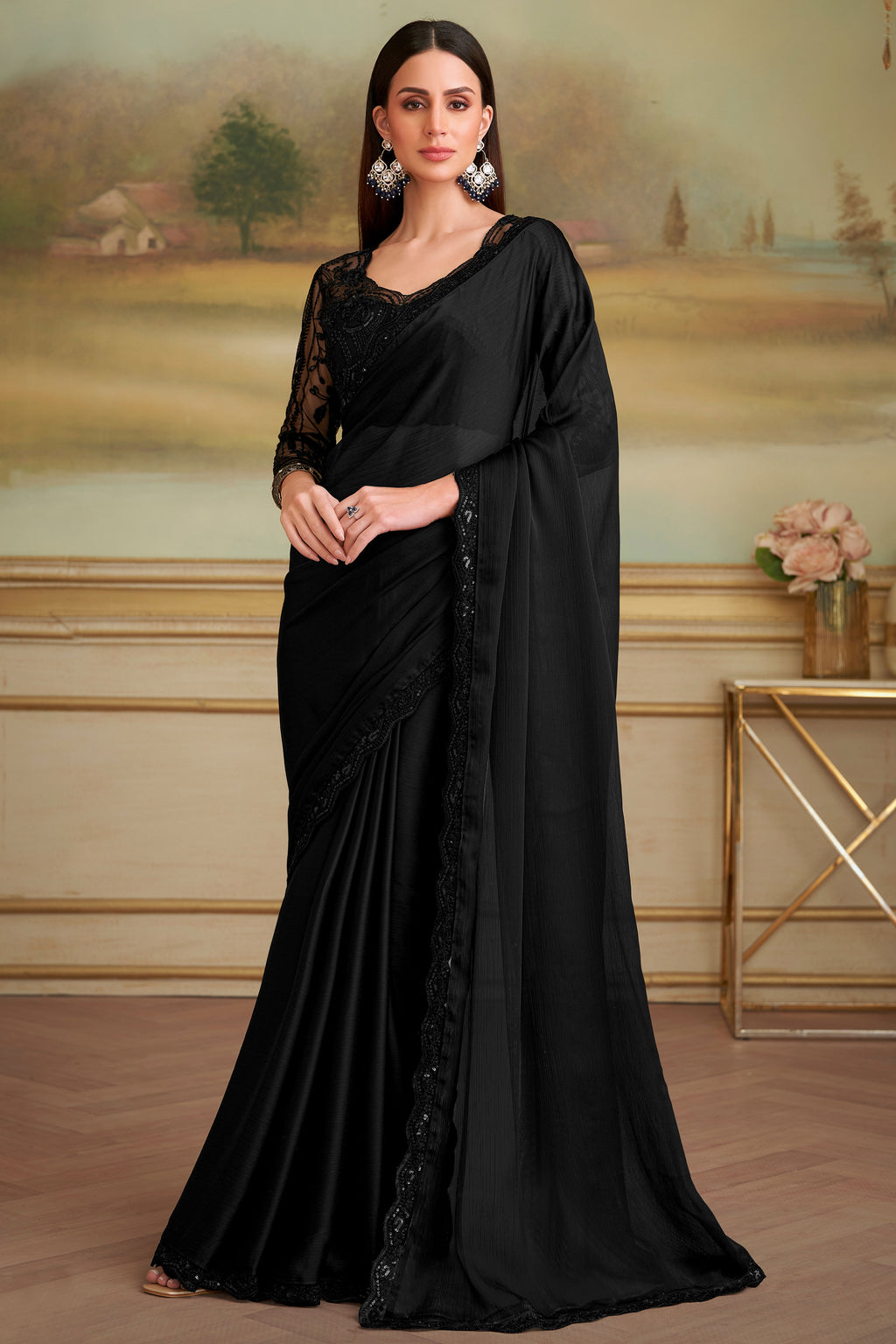 Opulent Jet Black Solid Satin Chiffon Saree With Exquisite Floral Sequ