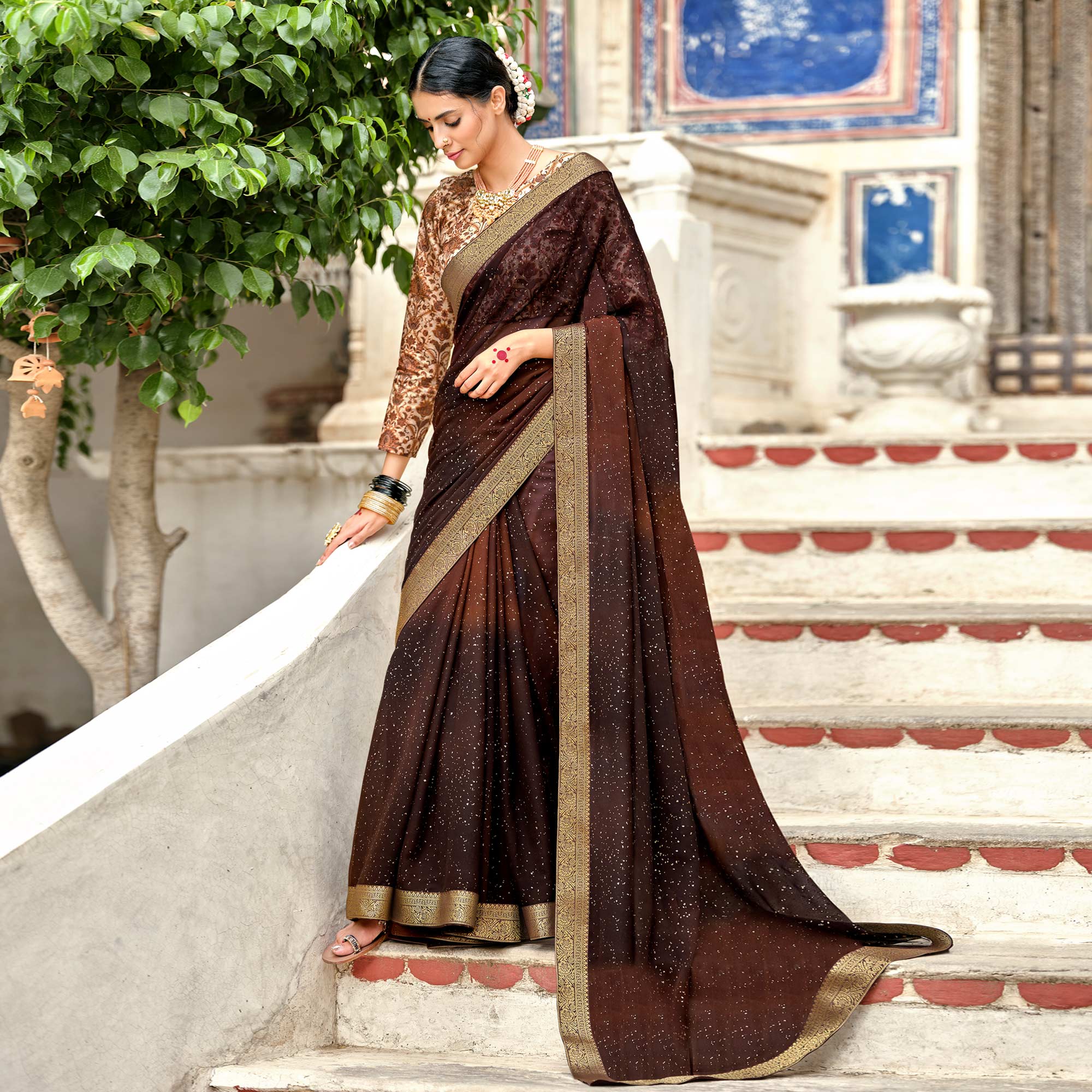 Brown Partywear Printed Georgette Saree With Gold Zari
