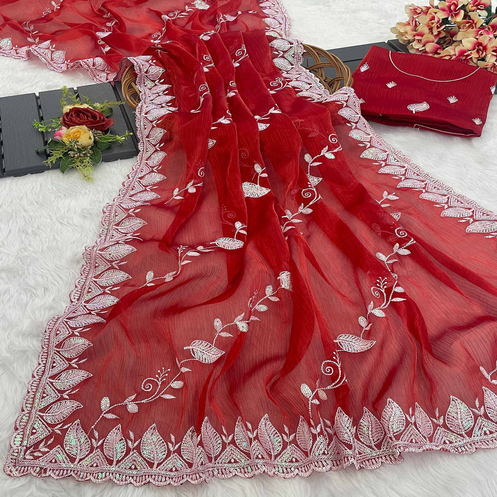 Maroon Sequins Embroidered Chiffon Saree