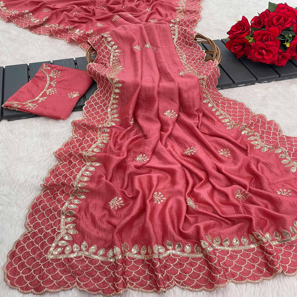 Gajri Pink Sequins Embroidered Vichitra Silk Saree
