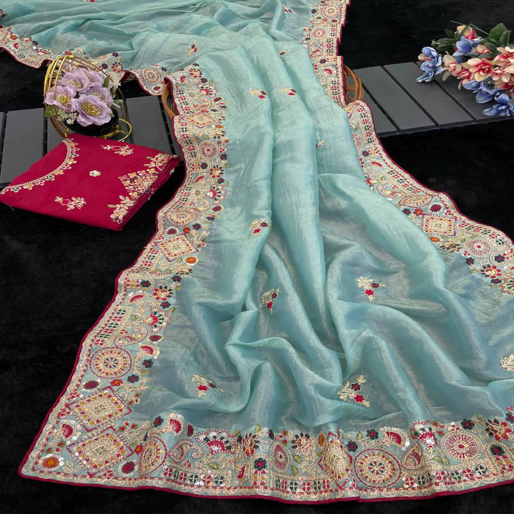Aqua Blue Saree in Cotton Silk Fabric with Exquisite Floral Sequins De