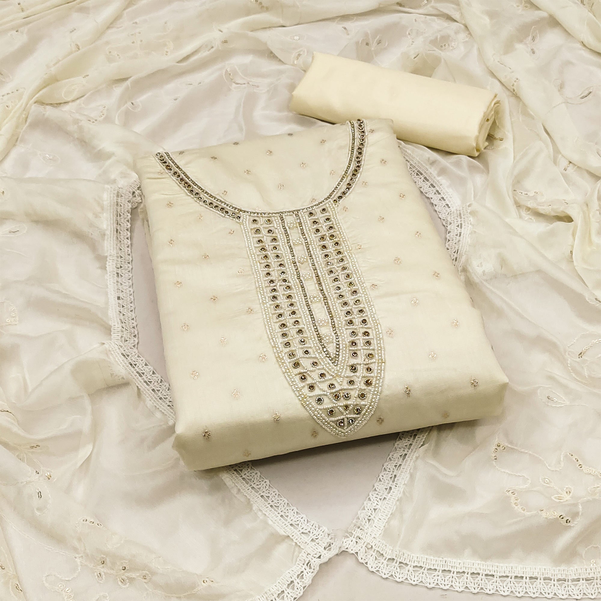 Off White Woven With Moti Handwork Chanderi Silk Dress Material