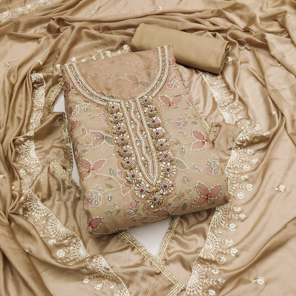 Chikoo Floral Hand Embroidered Organza Dress Material