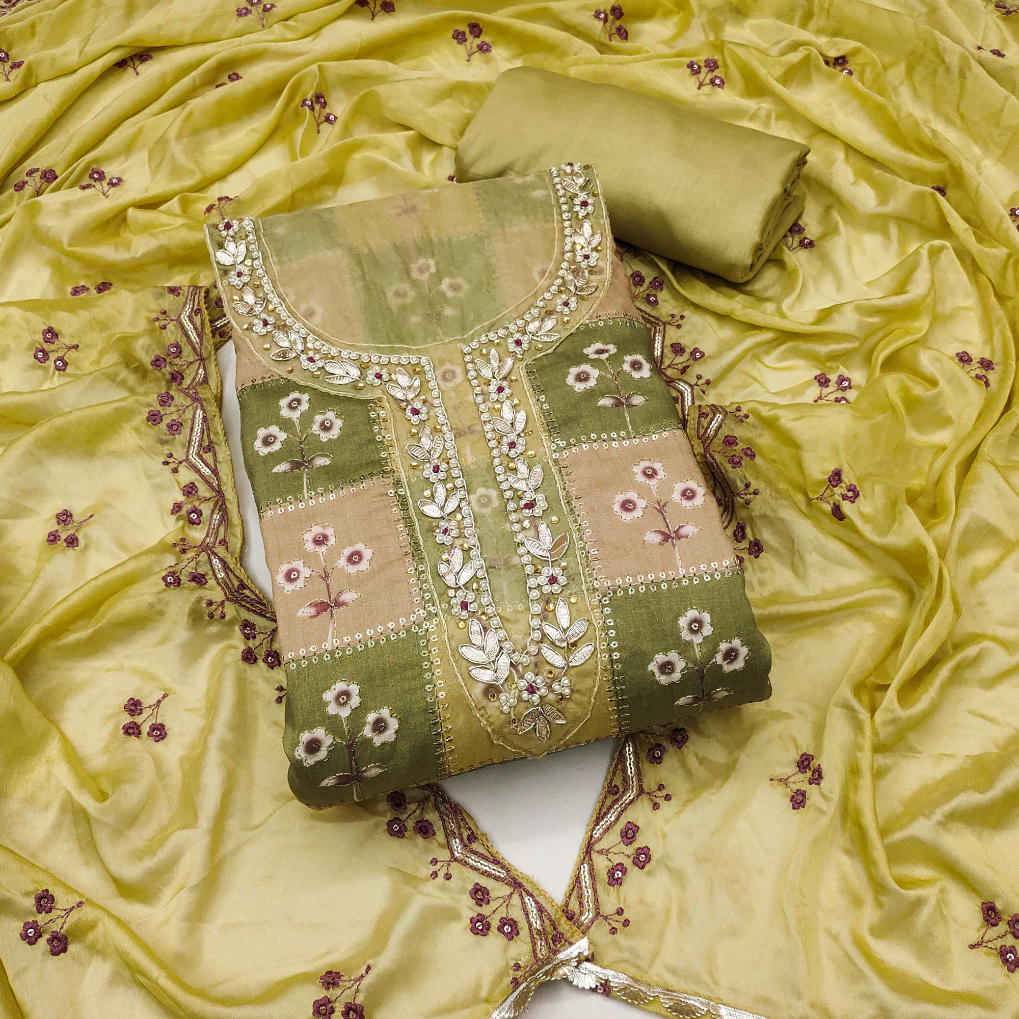 Olive Green Floral Hand Embroidered Muslin Dress Material