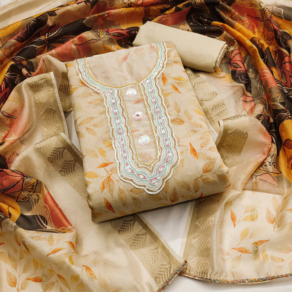 Chikoo Printed With Sequins Embroidered Chanderi Dress Material