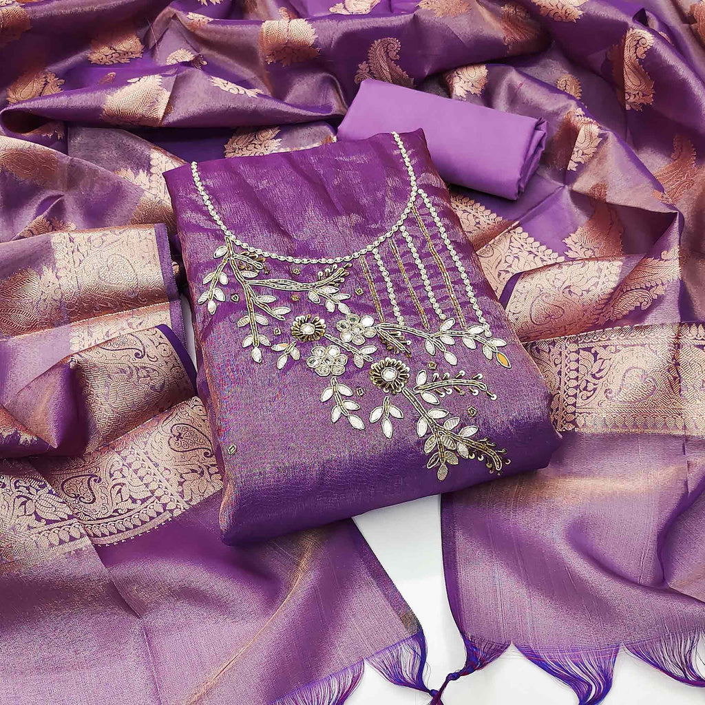 Purple Floral Moti With Gota Patti Handwork Viscose Dress Material