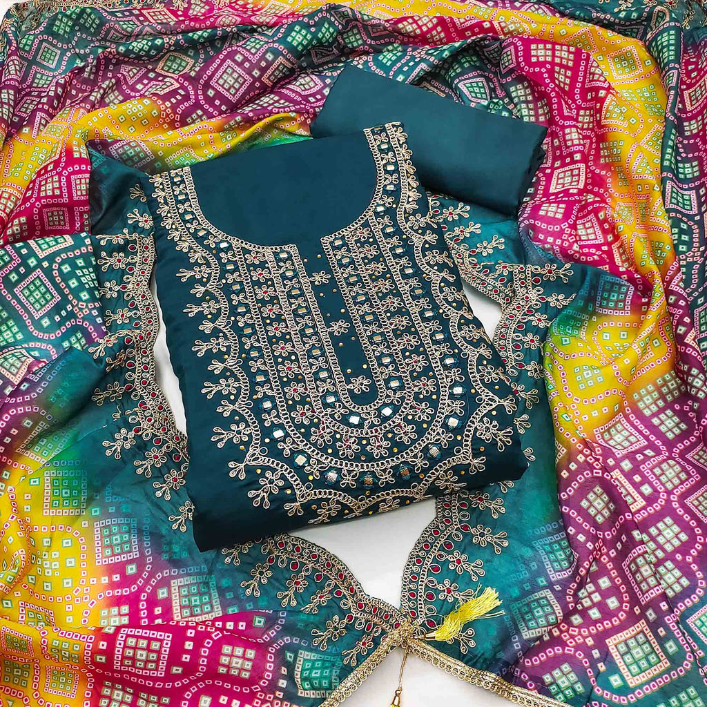 Morpich Floral Embroidery With Stonework Roman Cotton Silk Dress Mater