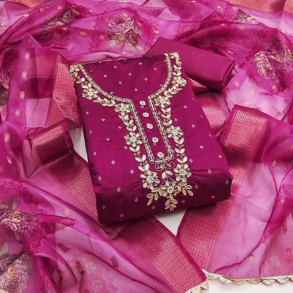 Magenta Floral Moti With Gota Patti Handwork Banaarasi Silk Dress Mate