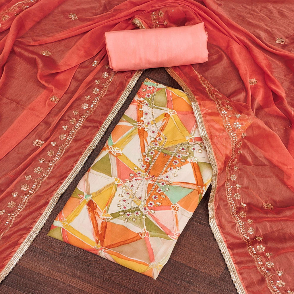 Peach Geometric Digital Printed With Handwork Roman Cotton Silk Dress