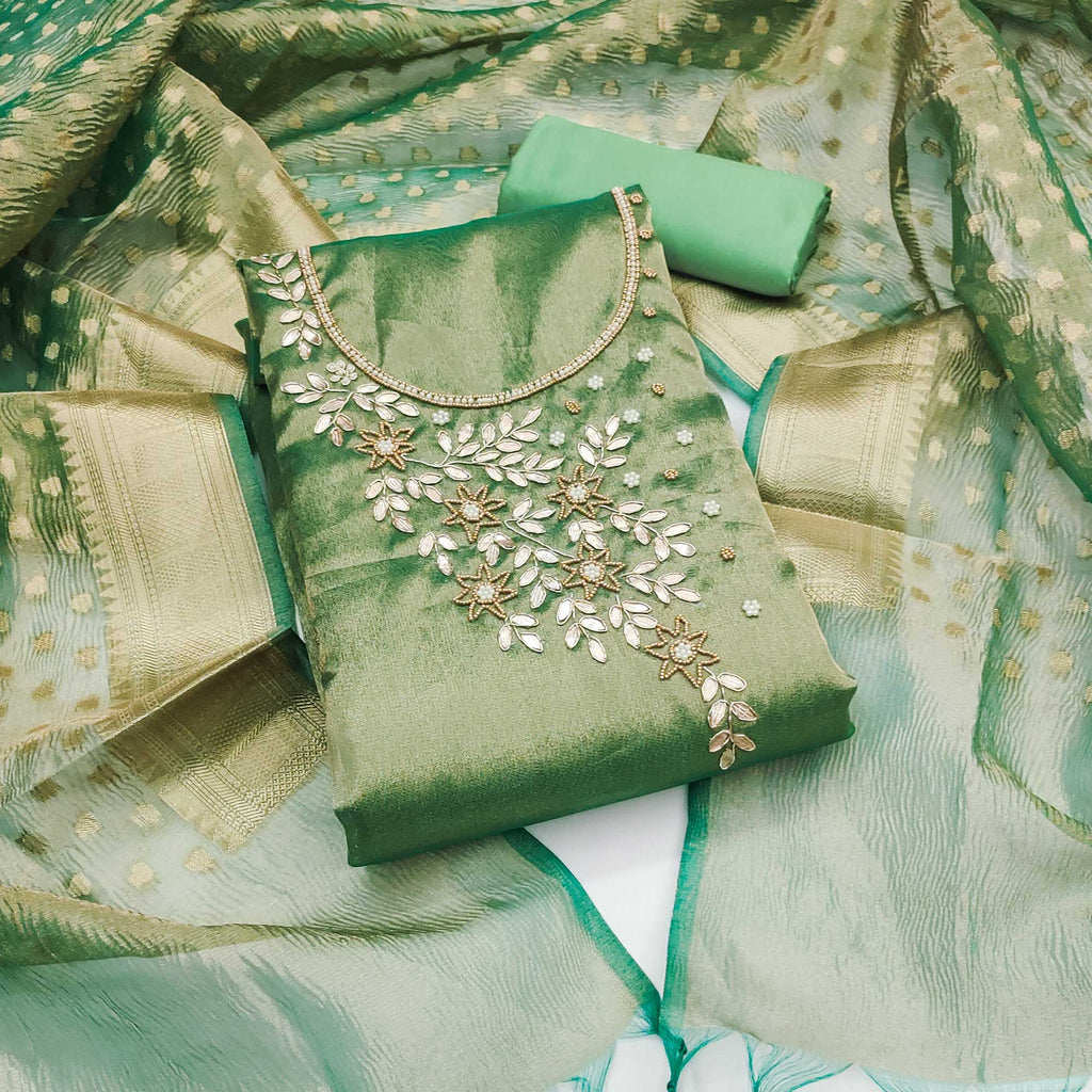 Green Floral Moti & Gota Patti Handwork Viscose Dress Material