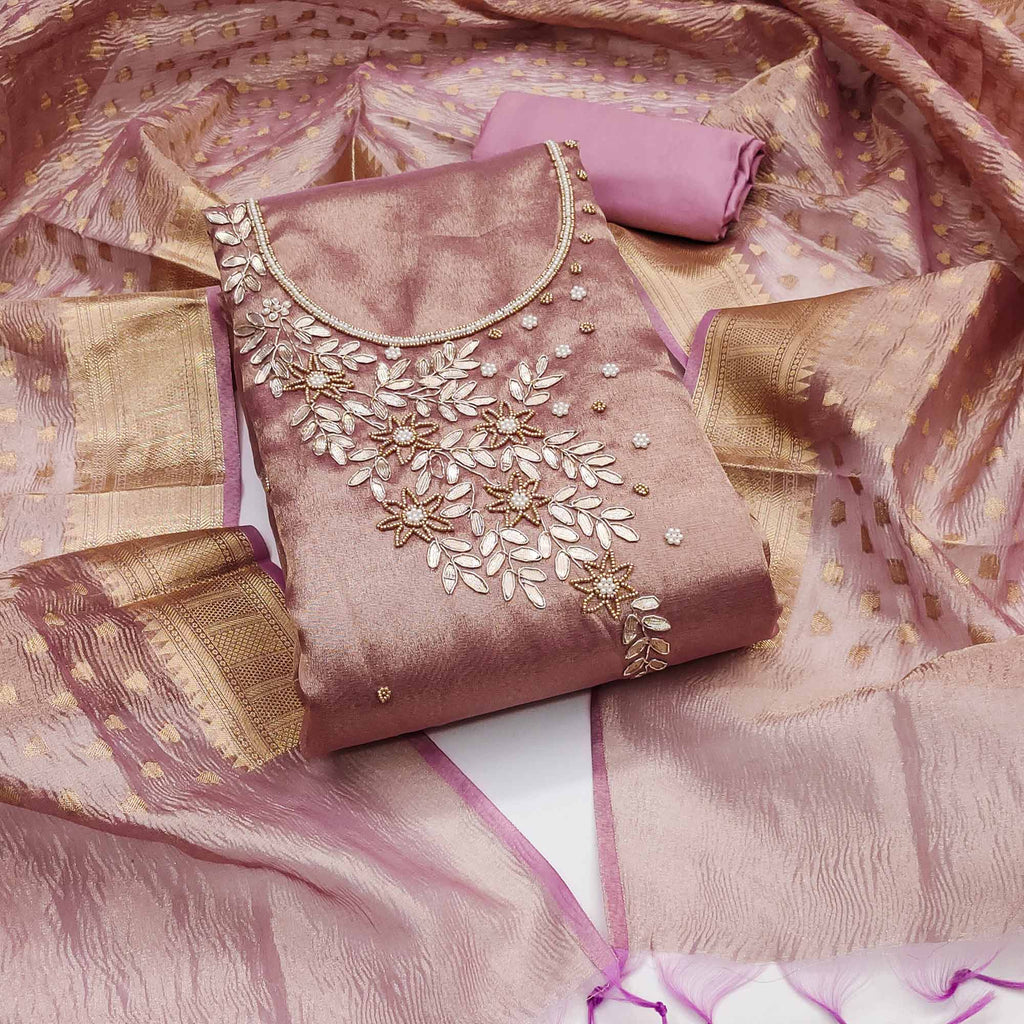 Purple Floral Moti & Gota Patti Handwork Viscose Dress Material