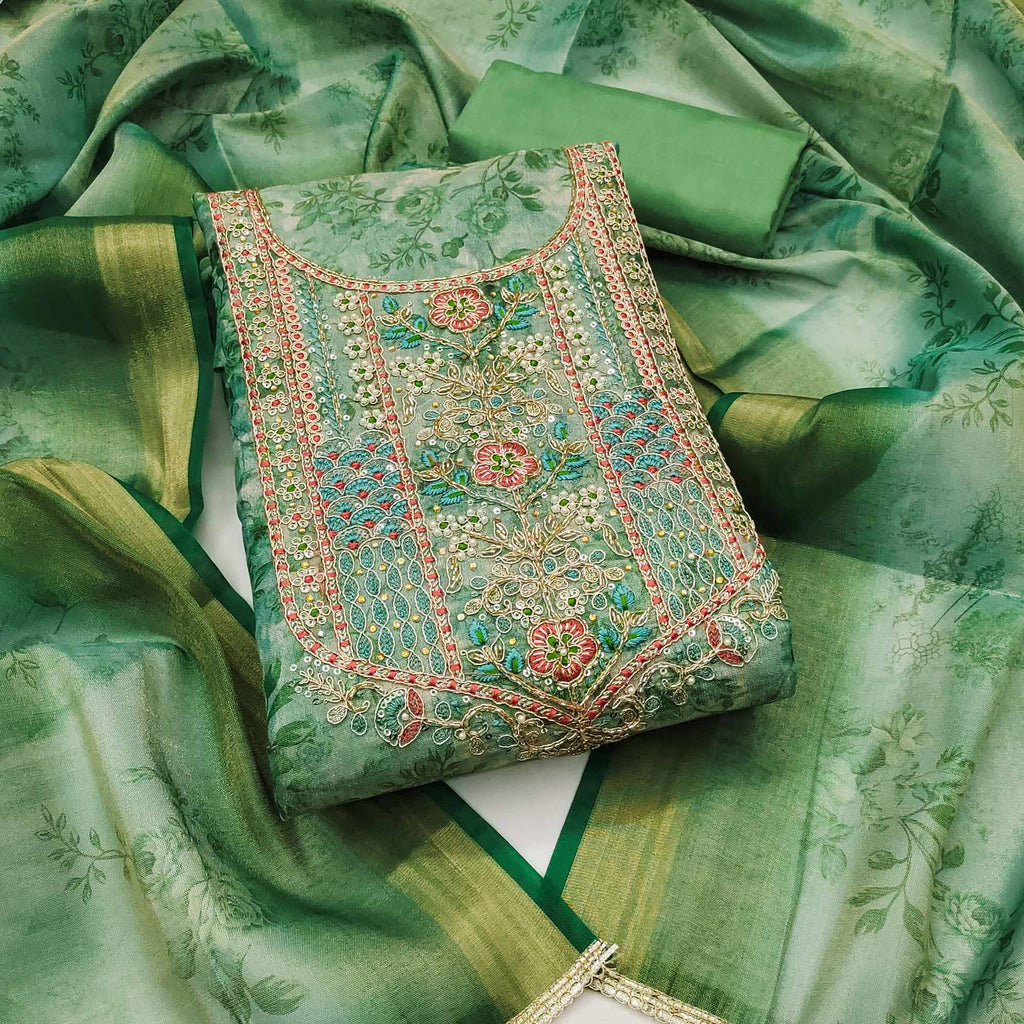 Green Floral Digital Printed With Moti Handwork Cotton Silk Dress Mate