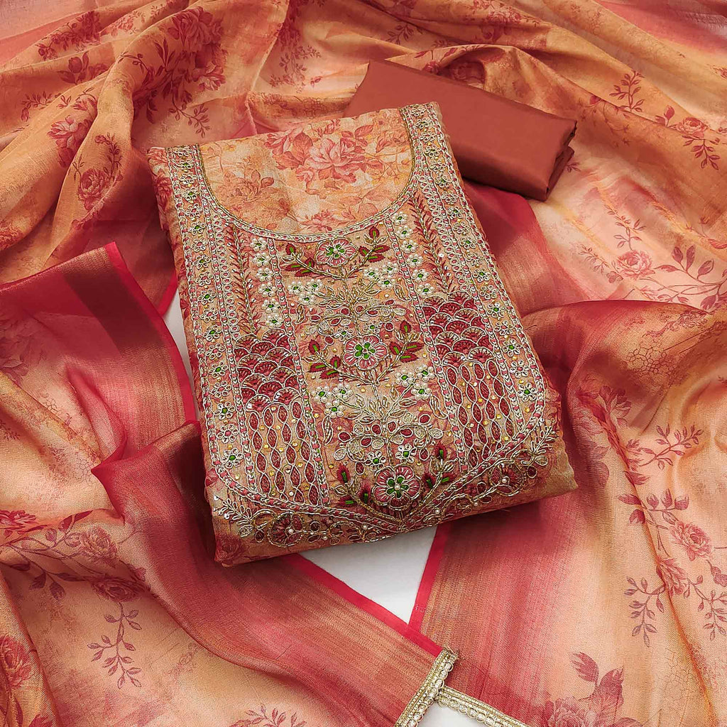 Rust Floral Digital Printed With Moti Handwork Cotton Silk Dress Mater